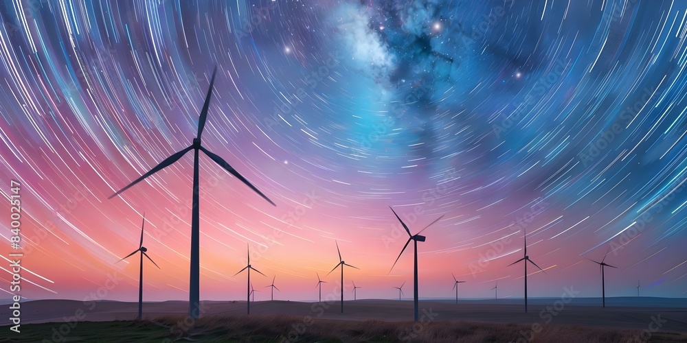 Large wind farm with modern turbines spinning under moonlit sky with ...