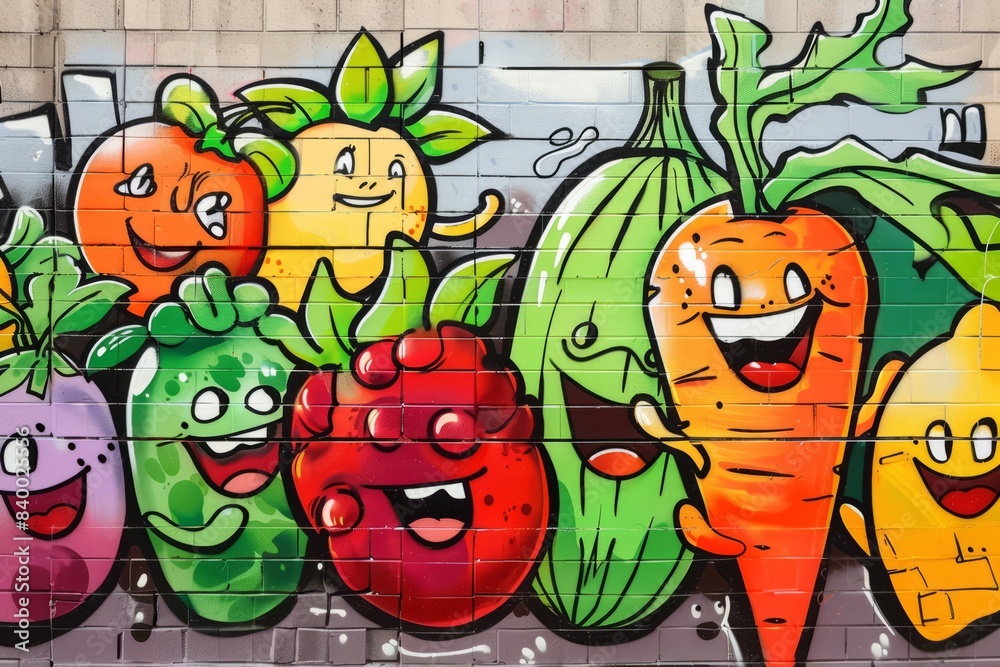 Cartoon cute doodles of smiling fruits and vegetables painting graffiti ...