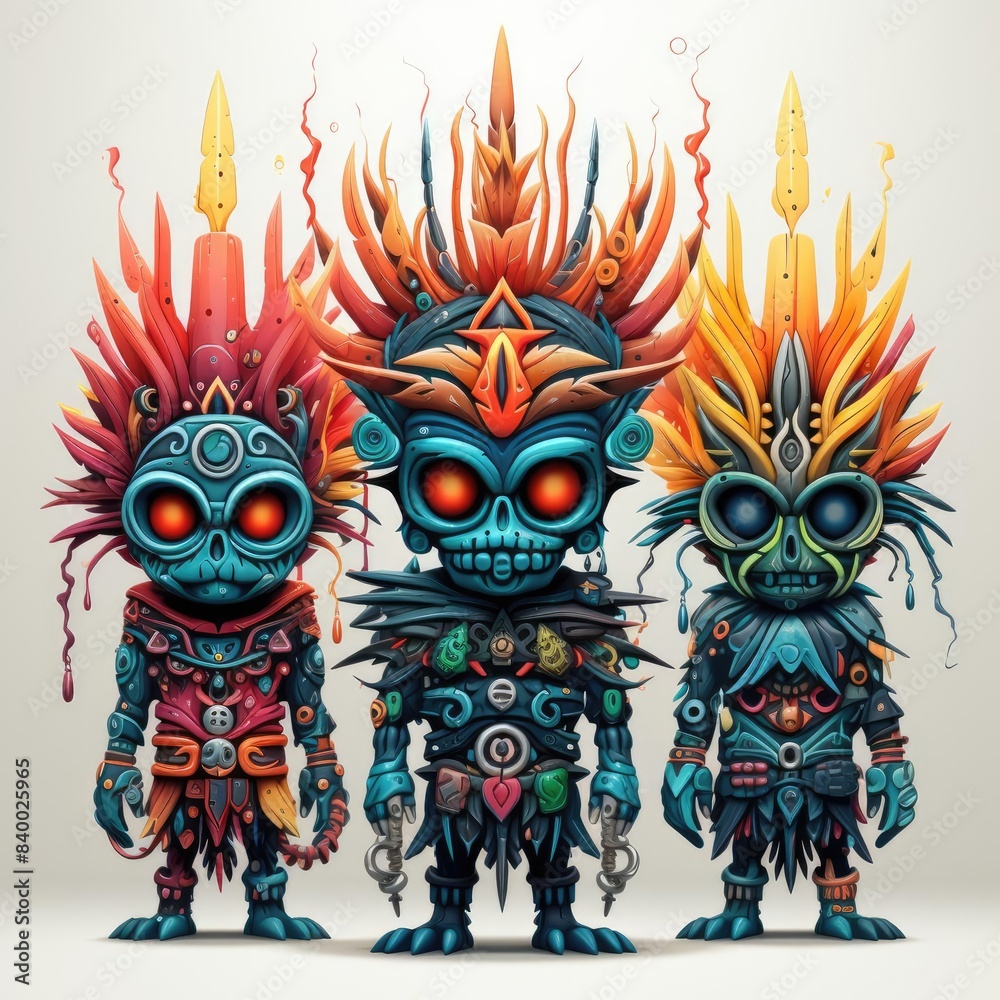 Tribal Skull Warriors, Aztec Gods Illustration, Colorful Background ...