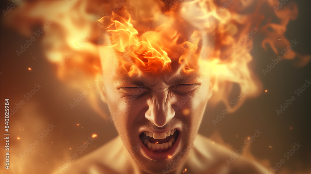 A man with a fiery head and red eyes is shown with a mouth open and ...