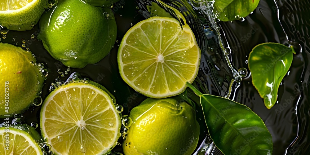 Top view of fresh limes in water part of healthy food background ...