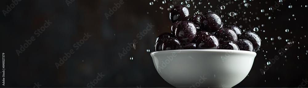 Deep purple jamun fruits in a white ceramic bowl, with one fruit opened ...
