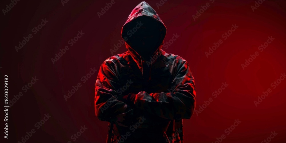 Faceless man in hoodie standing isolated on black, camouflage uniform ...