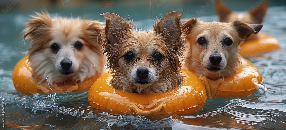 5 cute dogs wearing flotation vests floating in water from hurricane ...