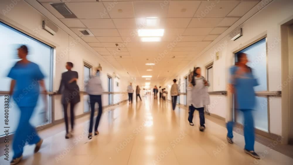 A busy hospital corridor with medical staff and patients walking ...