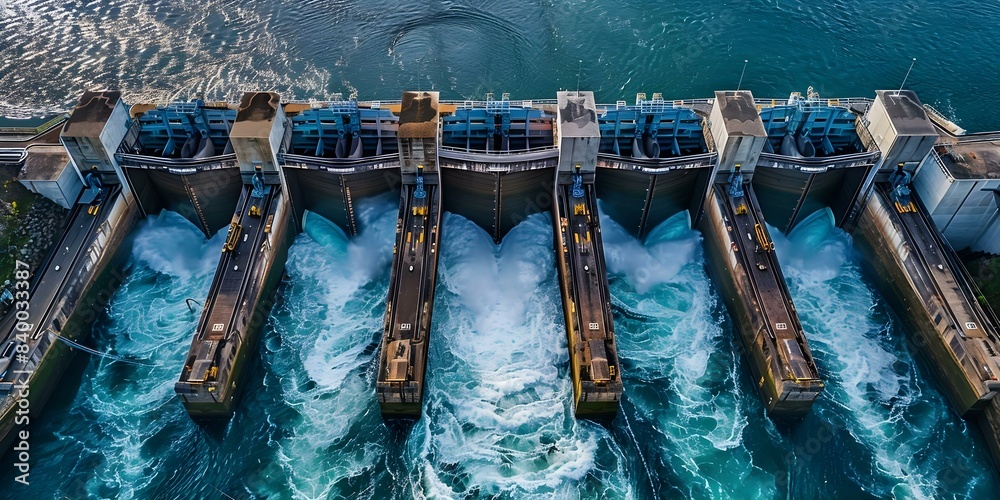 Aerial view of hydroelectric dam releasing water through locks ...