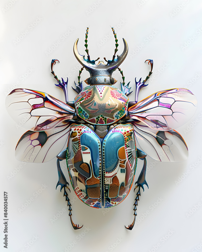 Hyperrealistic rhinoceros beetle with large transparent wings and ...