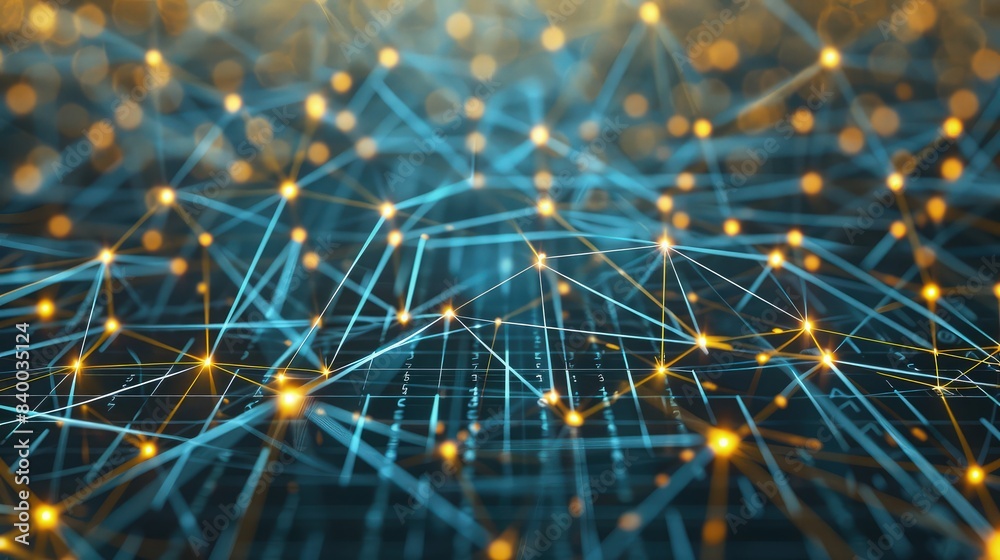 A background depicting an abstract network grid with nodes and ...