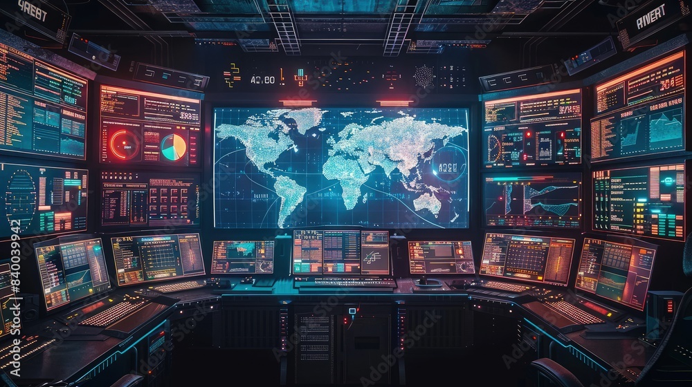 A digital command center background with screens displaying world maps ...