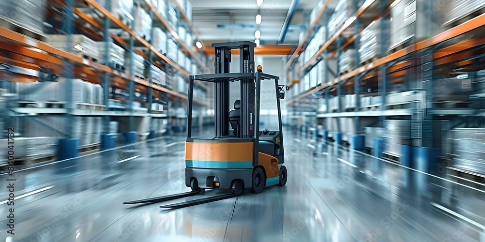 Loading pallet stacker truck with forklift equipment in warehouse. Concept Loading/unloading ...