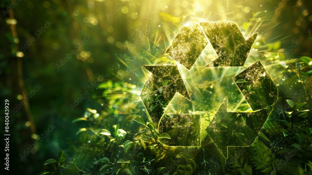 An inspiring artwork depicting a recycling symbol radiating light and ...