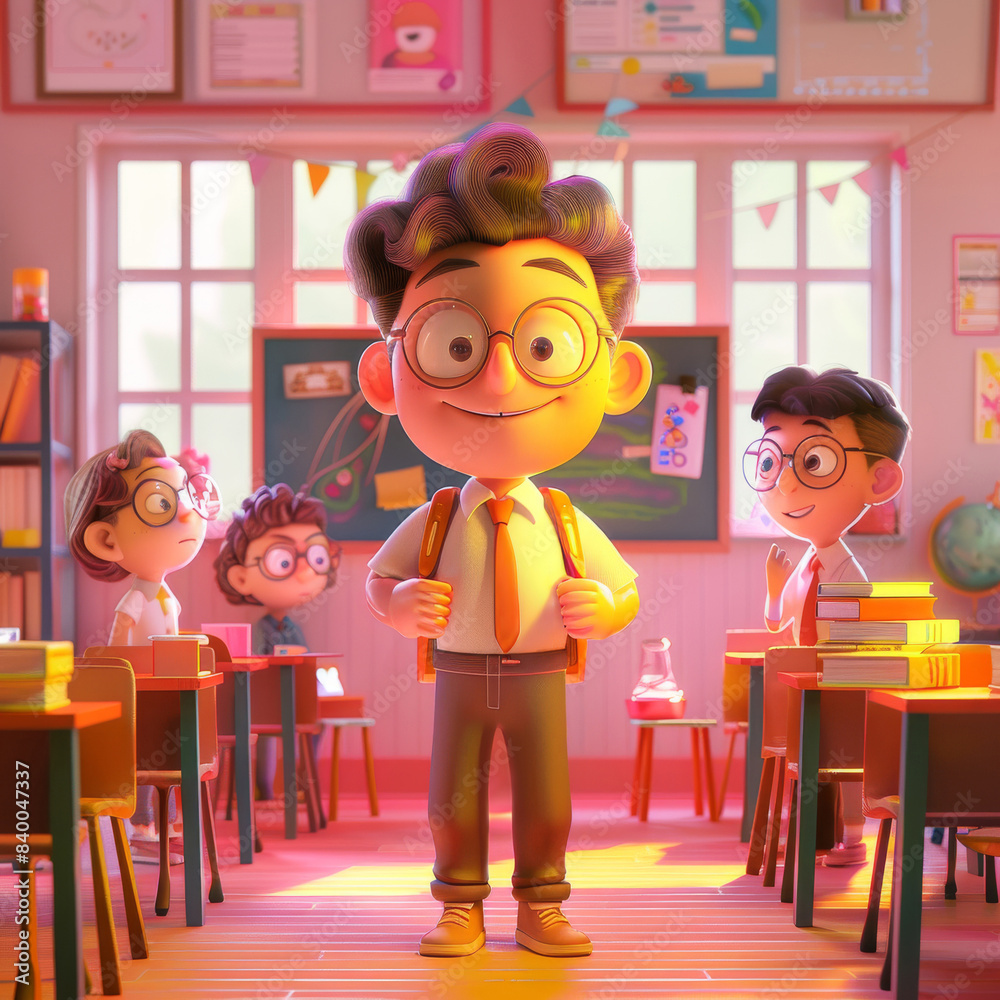 Cheerful cartoon kids in a bright and colorful classroom, learning and ...