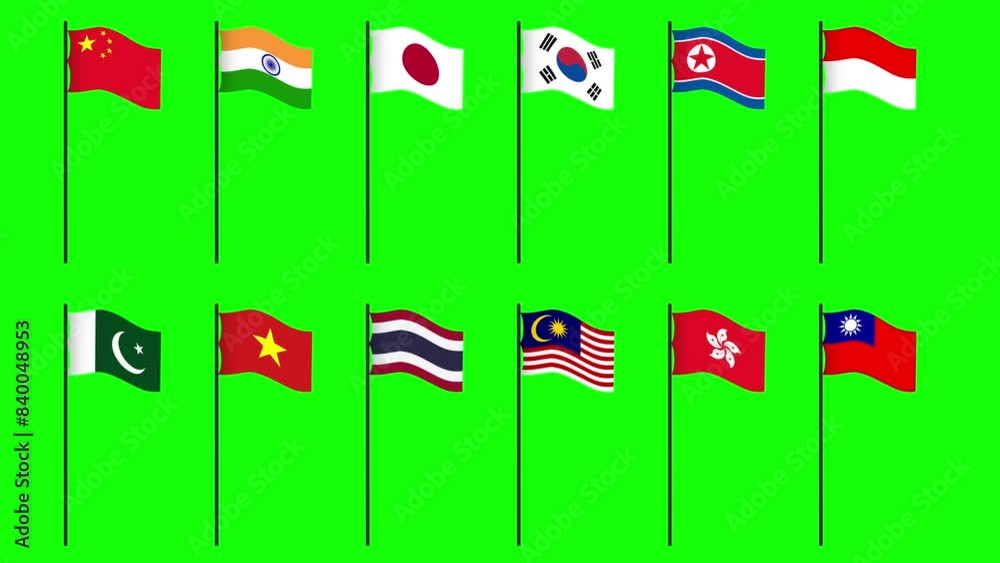 Country Flags Waving Asia Set. Seamless loop isolated animation with ...