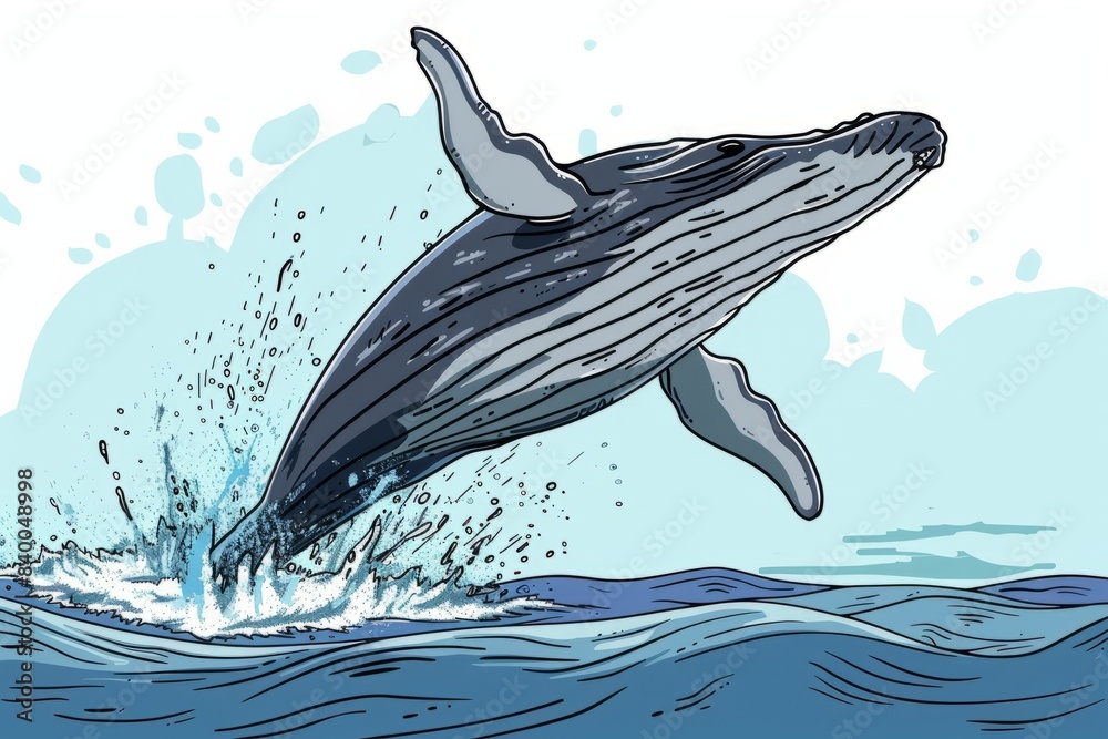 Cartoon cute doodles of a majestic whale breaching the surface of the ...