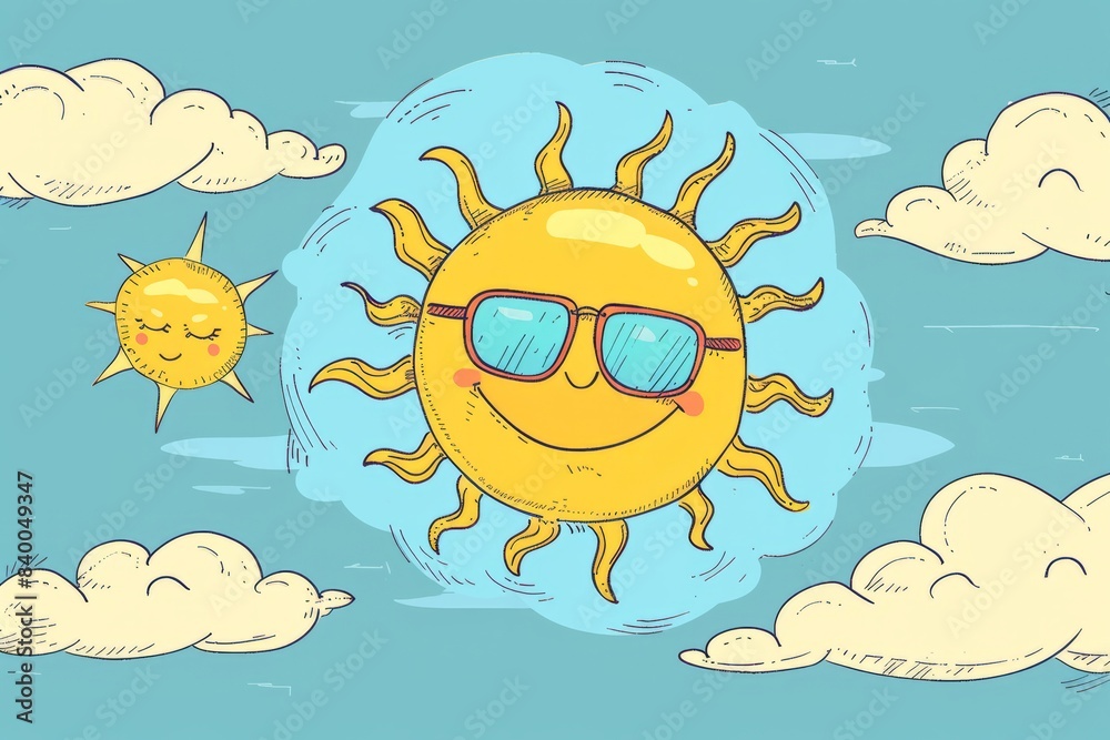 Cartoon cute doodles of a smiling sun wearing sunglasses in a clear ...