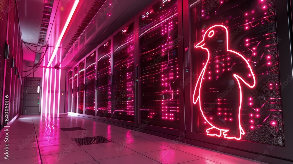 A high-tech server room with racks of glowing LEDs, subtly forming the ...