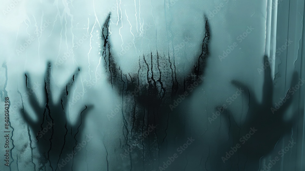 A horror-themed background with shadowy devil horns appearing behind ...