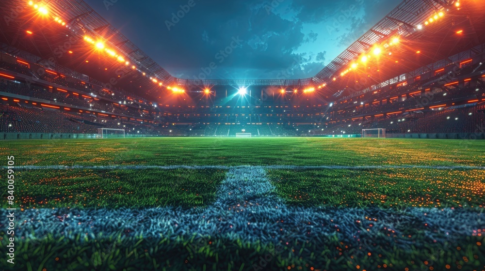 Spectacular Sports Stadium: Glowing Floodlights and Empty Green Grass ...