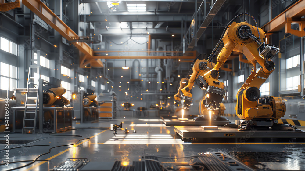 A factory with robots working on a conveyor belt. The robots are yellow ...