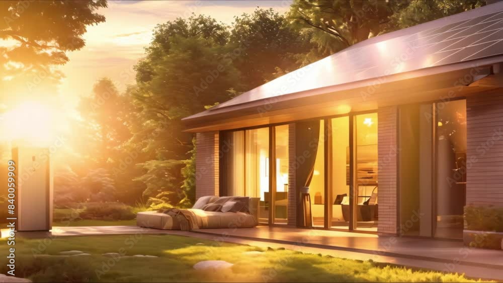 Brick house with solar panels and discreet battery storage unit for ...