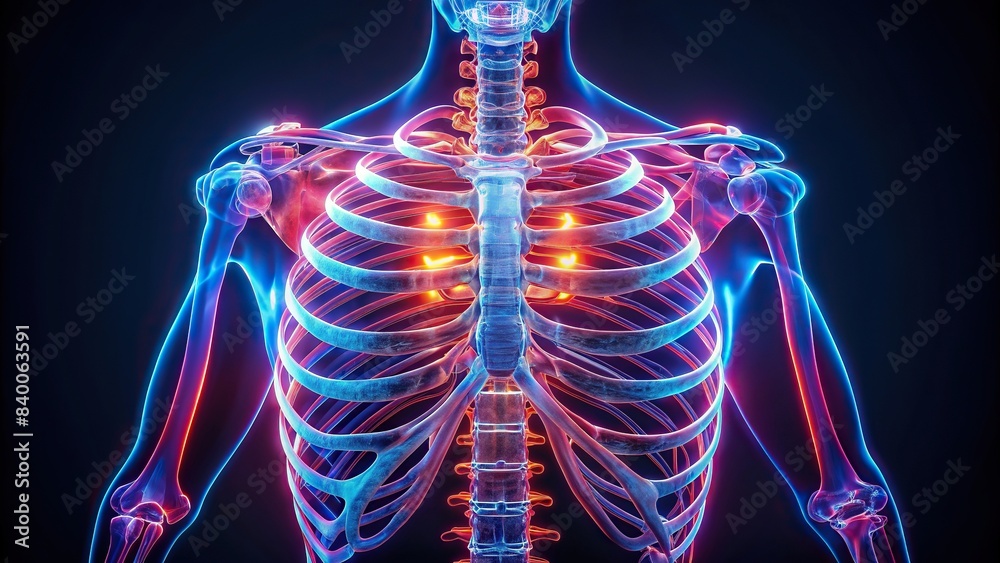 Neon illuminated rib cage anatomy in a dark background , biology ...