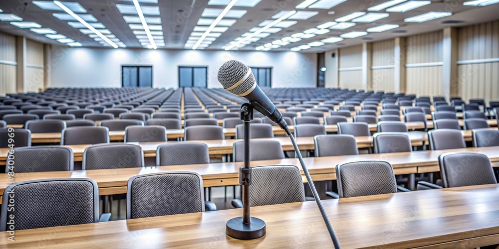 Empty seminar room with motivational speaker's microphone stand ...