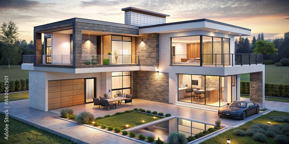 Modern house plan with interior design render and construction model ...