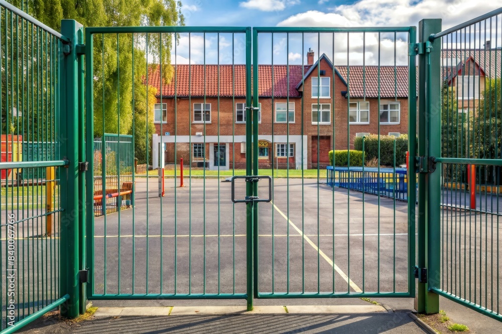 Closed school entrance with locked gates and empty playground , closed ...