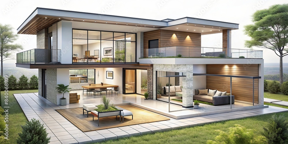 Modern house plan with interior design render and construction model ...