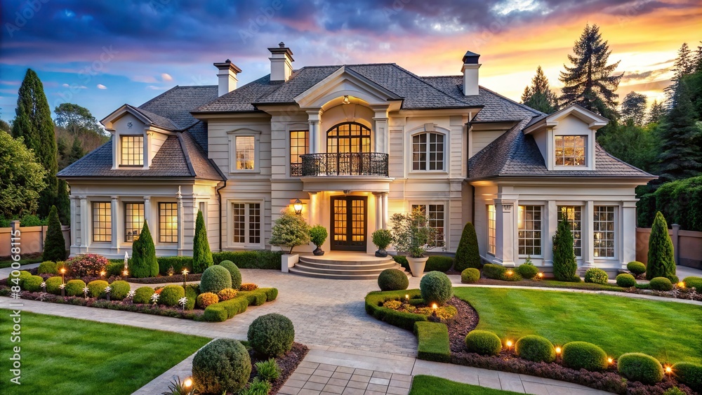 Luxurious and elegant mansion with elegant architecture and landscaping ...