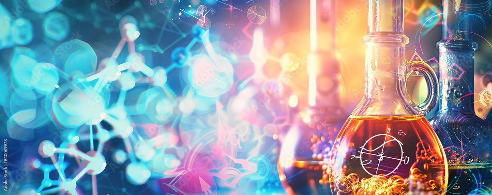 Colorful laboratory scene with flasks and molecular structures. Perfect ...