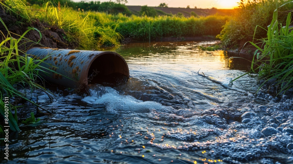 This concept image depicts a sewer pipe discharging dirty water into ...