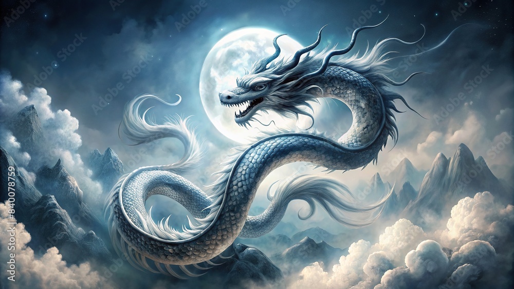 Ethereal lunar serpent swirling in an elegant Chinese ink painting ...