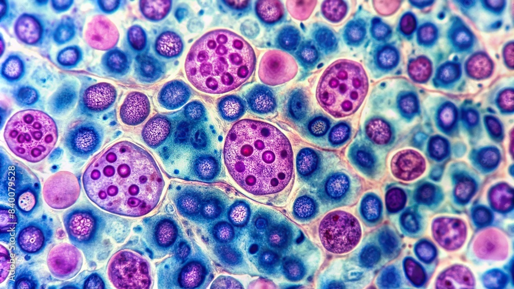 Detailed microscopic view of pathology slide showing abnormal cells in ...