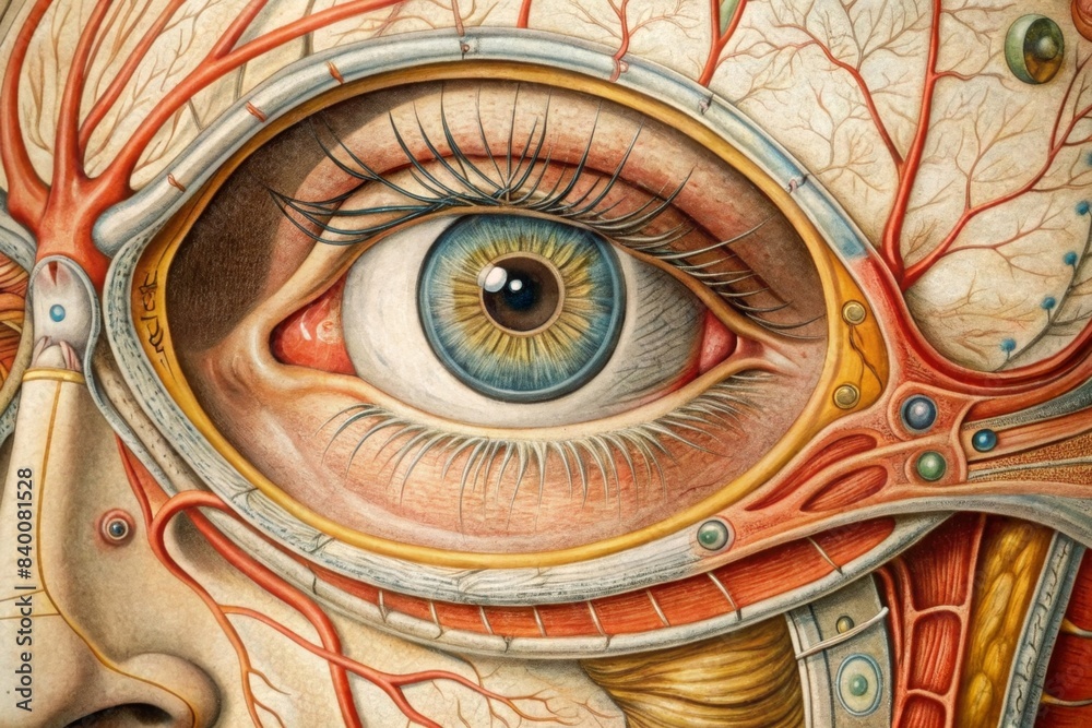 of a 19th-century German anatomy diagram of the eye with detailed ...