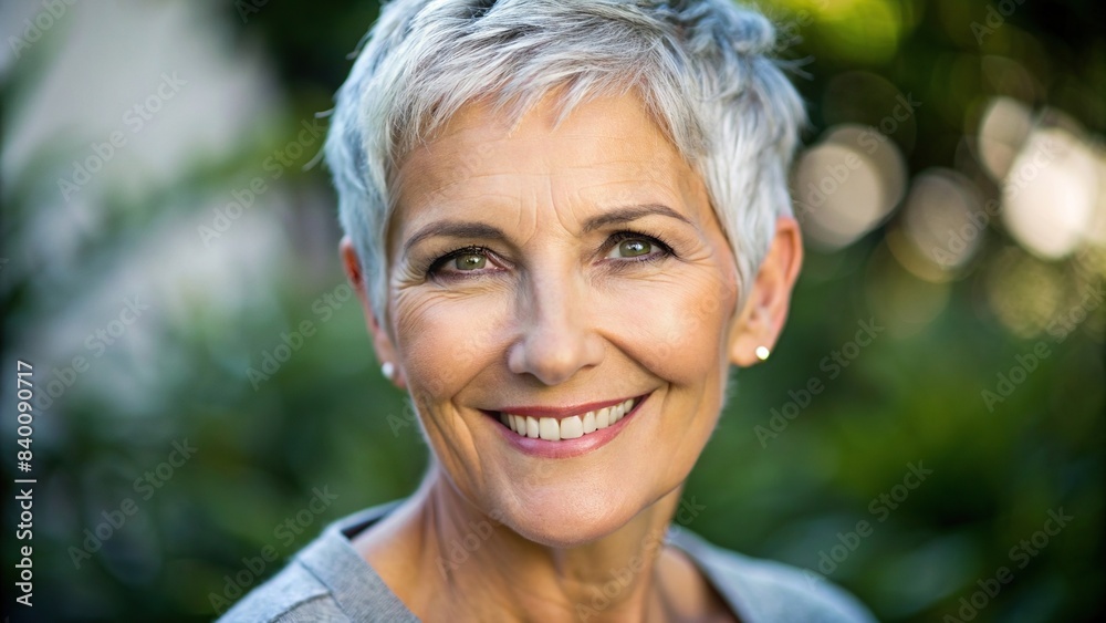 Beautiful Mature Woman With Short Gray Hair Smiling Brightly Beauty Mature Woman Short Hair