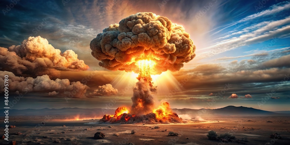 A powerful nuke bomb explosion releasing massive destruction, destruction, blast, explosion ...