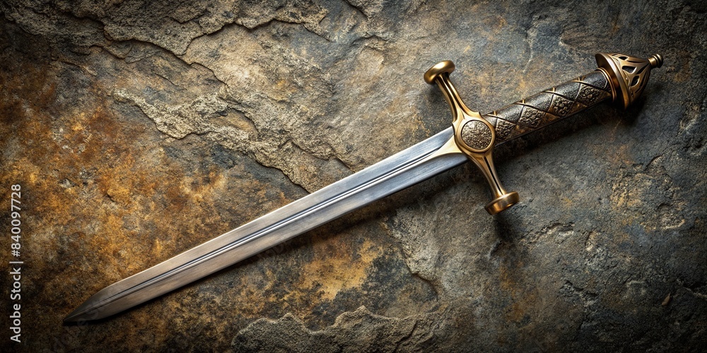 Medieval sword with intricate hilt design on stone background, medieval ...