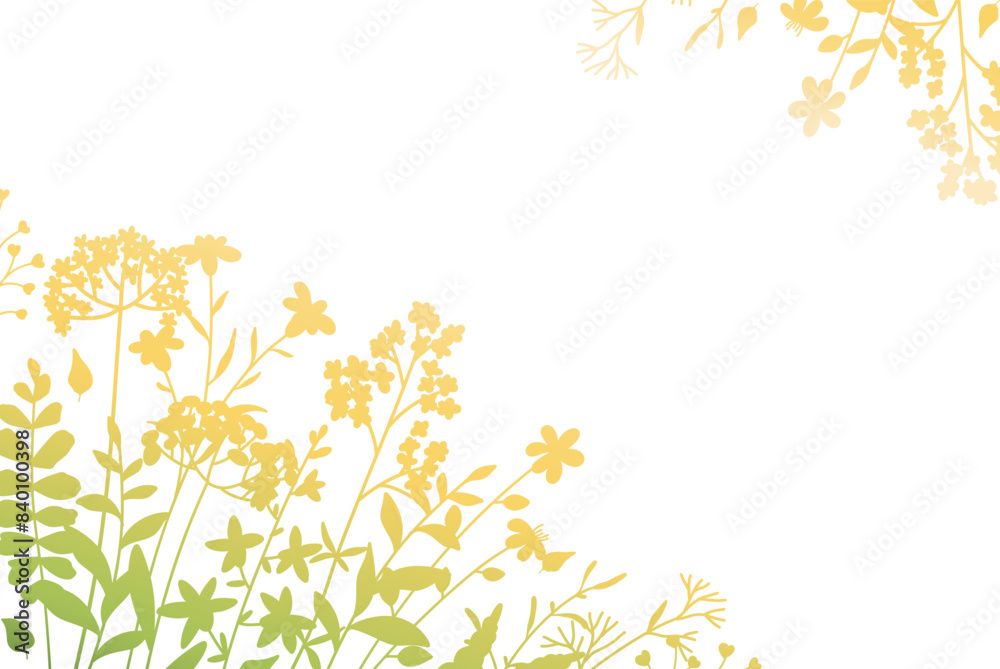 Botanical border with corner silhouettes meadow greenery and flowers ...