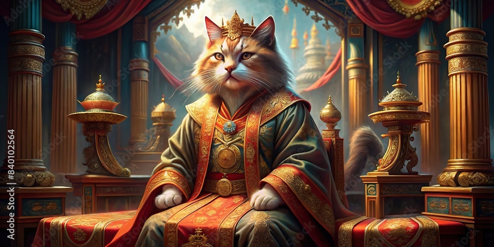 Imaginary portrait of a Chinese emperor cat sitting on a throne in a ...