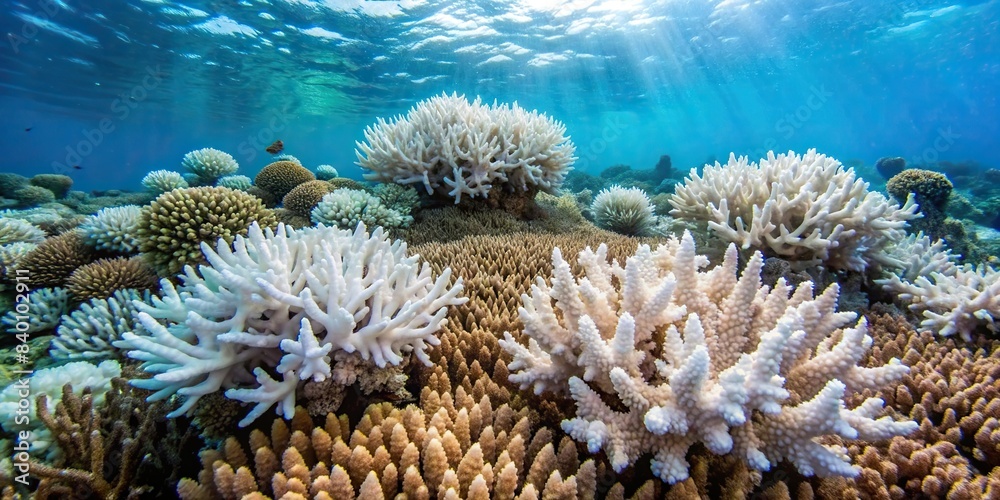Close-up of dying coral reef affected by ocean pollution and bleaching ...