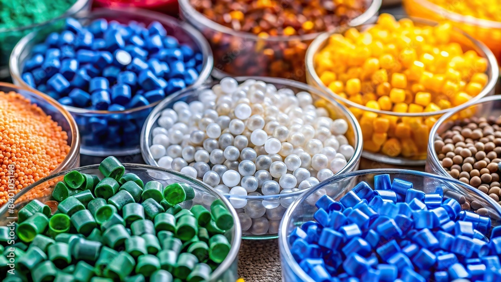 Close-up photo of plastic pellets background texture with polymer beads ...