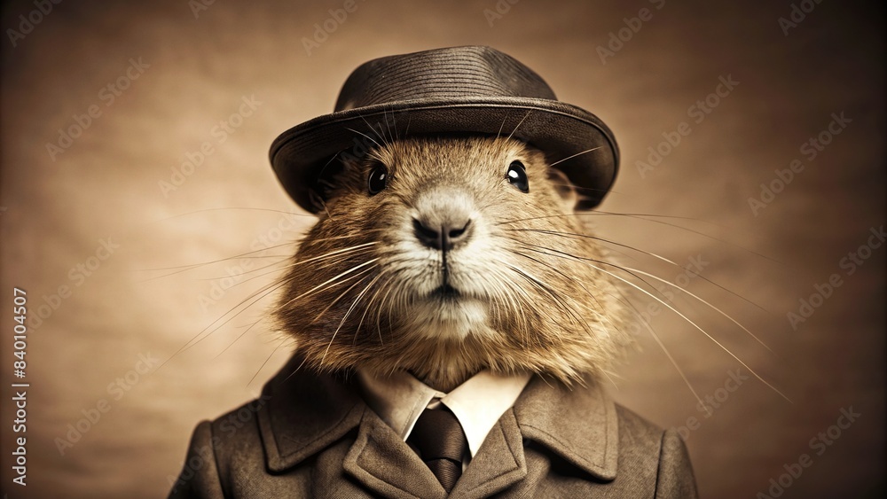 Sepia tone image of a cute old school style muskrat in a dapper hat ...