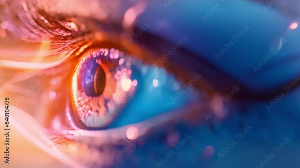 Close-up photograph of red swollen eye with green-blue iris and ...