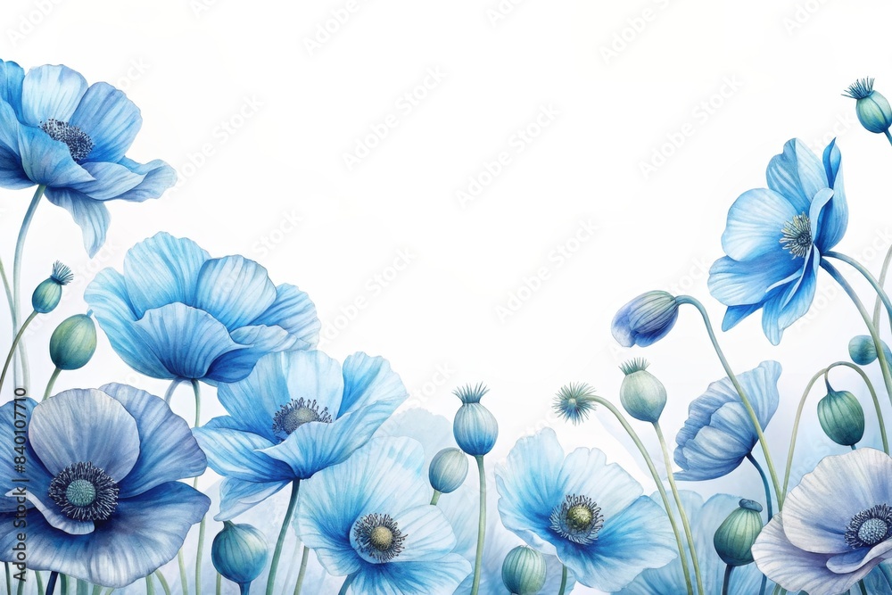 Border with delicate blue poppies flowers on a clean white background ...