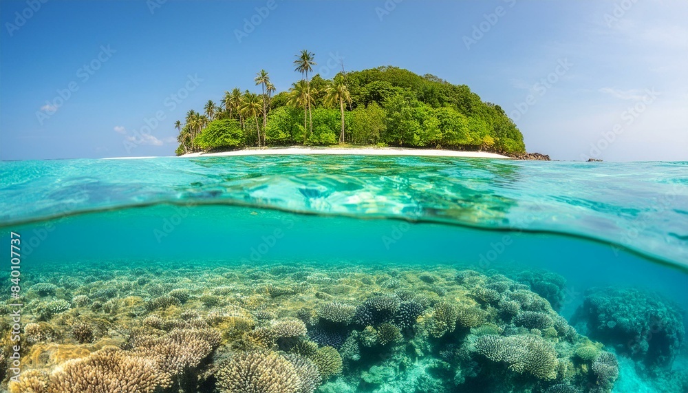 Tropical Island And Coral Reef - Split View With Waterline. Beautiful ...