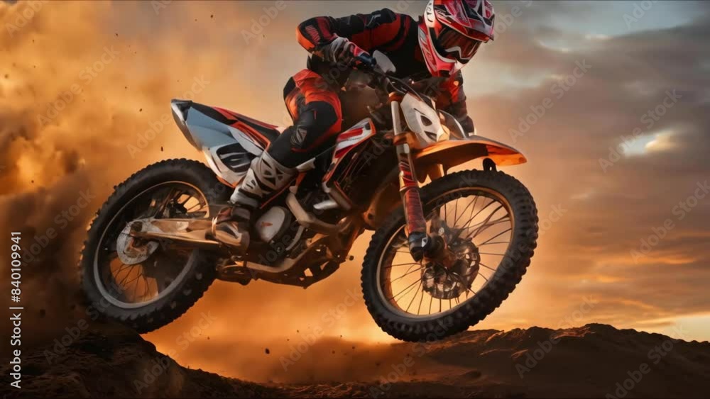 Motocross rider performing a jump on an outdoor track with sports ...