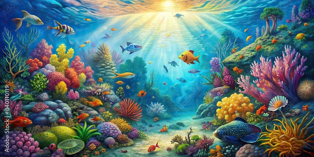 Hand drawn painting of colorful under sea scene, underwater, ocean ...