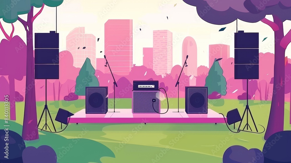 Music concert stage in a park. Cartoon illustration of open air rock ...