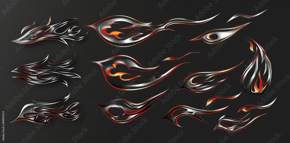 3D chromed fire shapes. Styles of chrome, silver, aluminum, platinum ...